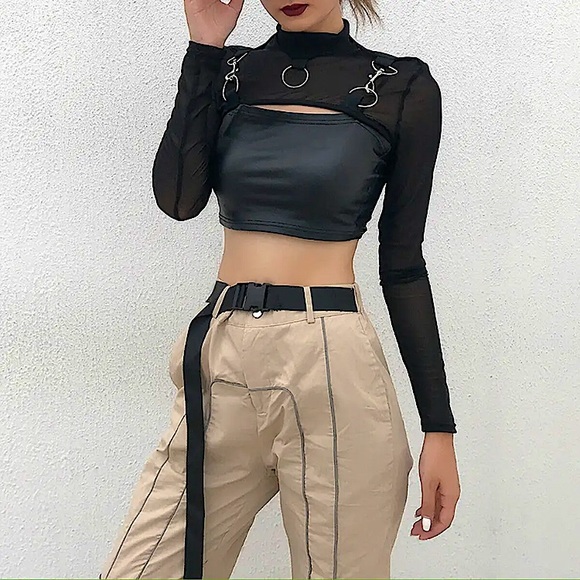 Tops | Black Mesh Metal Buckle Long Sleeve Crop Top | Poshmark